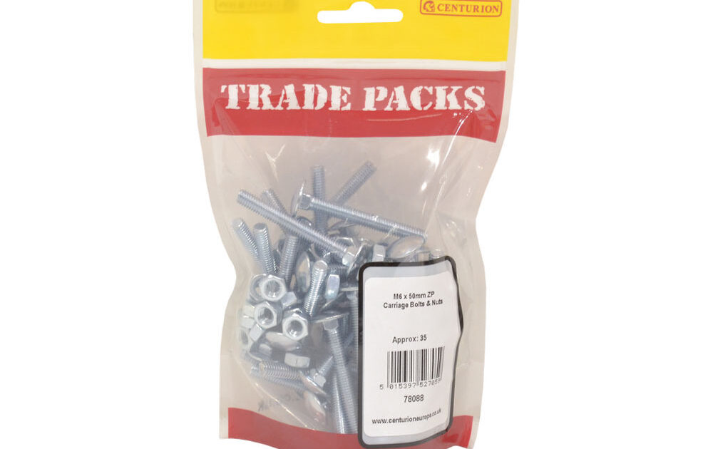 Centurion Trade Packs Carriage Bolts & Nuts Small – Zinc Plated – M6 x ...