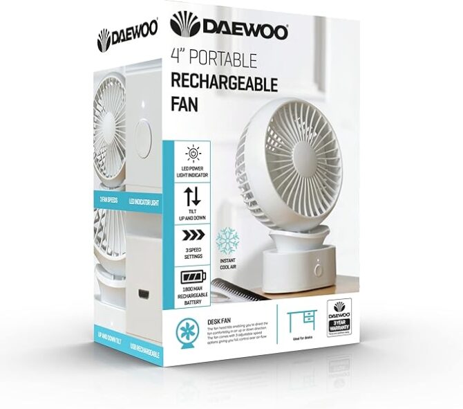 Daewoo 4” Portable Rechargeable Desk Fan – Homefix DIY